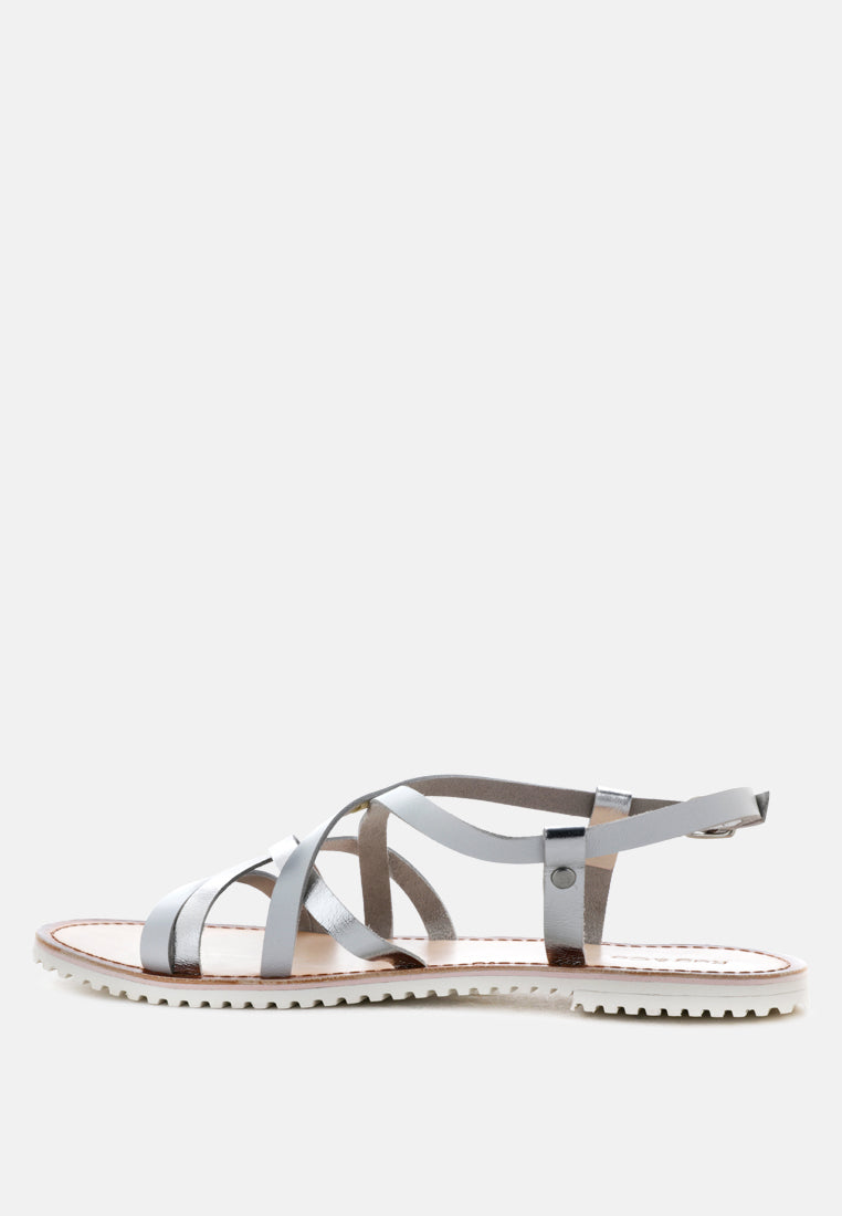 Buy June Silver Strappy Flat Leather Sandals | Sandals | Rag & Co ...