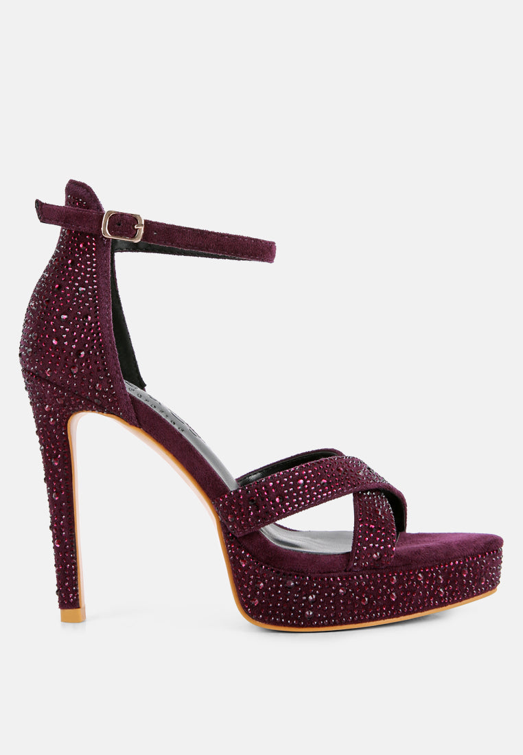 Buy Regalia Purple Rhinestone Embellished Stiletto Sandals | Sandals ...